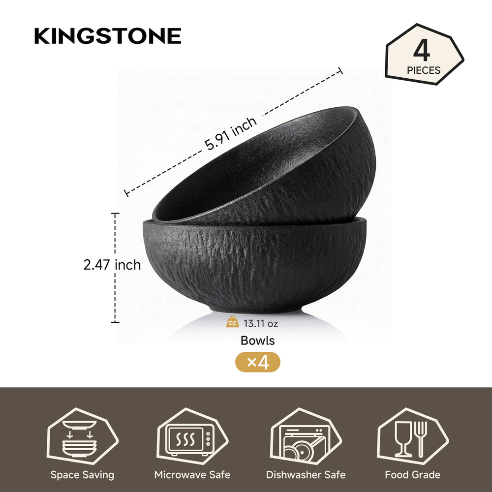 KINGSTONE Black Bowls Set, 20.4 OZ Matte Marble Pattern Premium Porcel