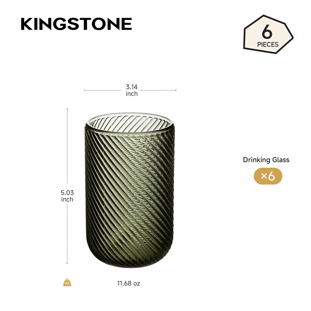 KINGSTONE 6-Pack Ribbed Glass Tumblers, Lead-Free Drinking Glasses Set