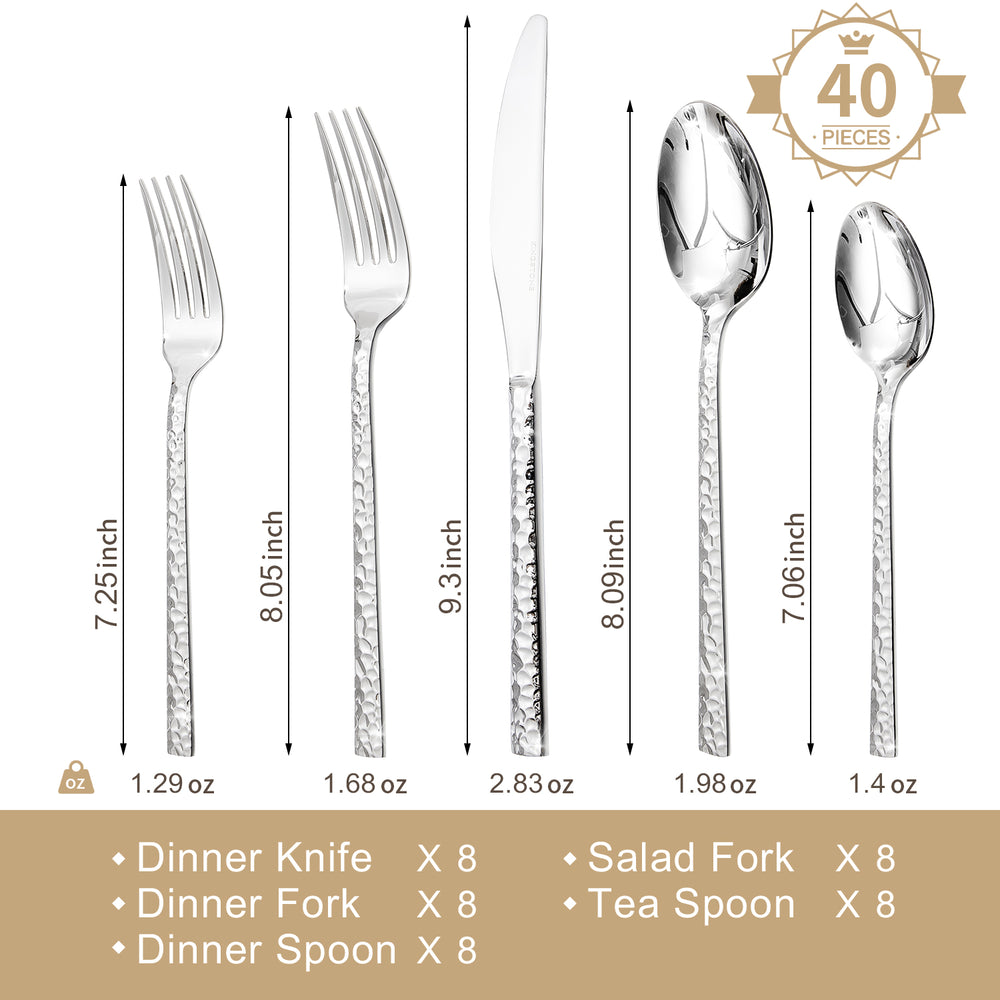 KINGSTONE 40 Piece Hammered Silverware Set, 18/10 Stainless Steel Flat
